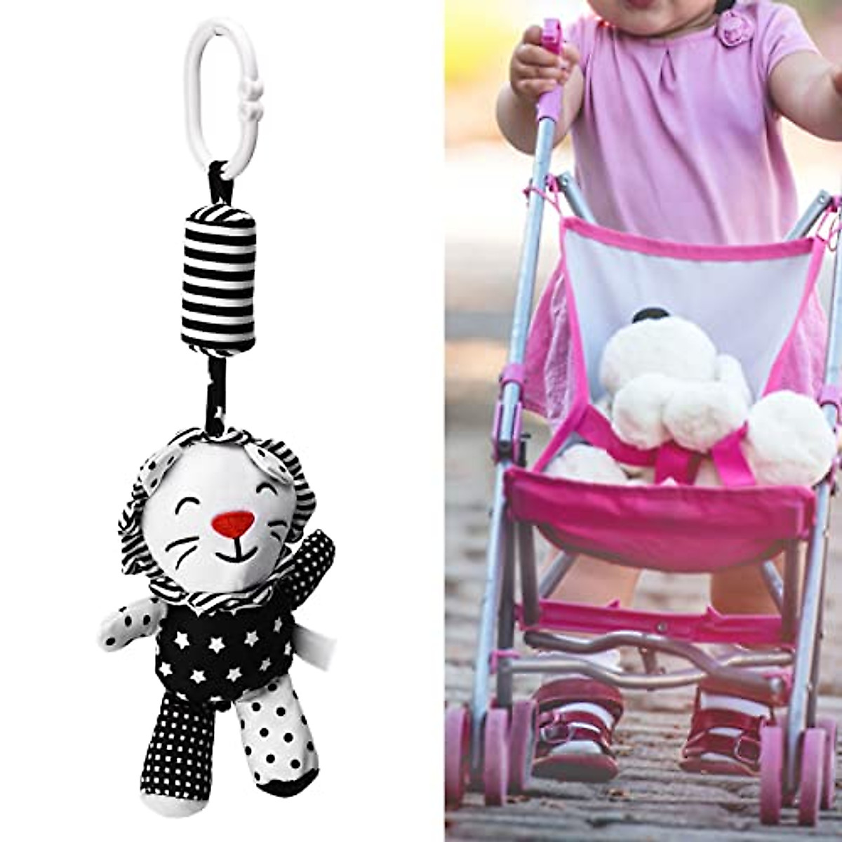 Baby Hanging Rattle Toys, Black and White Stripe Stroller Plush Wind Chimes Toys for Infants Car Bed Crib(Black and White Striped Lion Pendant)