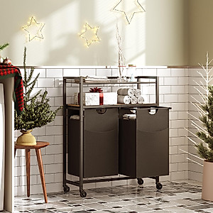 YATINEY Laundry Hamper with Wheels, Laundry Sorter 2 Section, Rolling Laundry Basket, 2 Pull-Out and Removable Laundry Bags, for Laundry Room, Badroom, Rustic Brown LS22BR