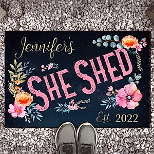 Personalized Planet She Shed Doormat - Custom Name Door Mat, Floral Bouquet Custom Woman's She Shed Entrance, Floral Door Rug, Non-Slip Decorative Gift Home Rugs, She Shed Gift, Cute She Shed Decor