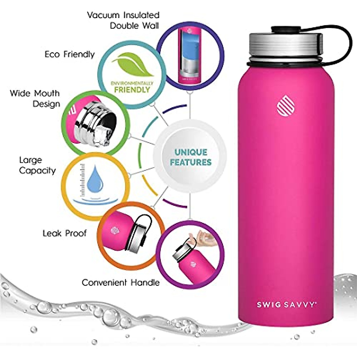 Swig Savvy Sports Water Bottle, Vacuum Insulated Stainless steel, Double Wall Wide Mouth Leakproof Lid - 18oz (Pink)