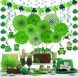 TURNMEON St Patricks Day Decorations for the Home, Shamrocks Garland Lucky Banner with String Lights Green Paper Fans, Leprechaun Hanging Swirls, St.Patrick's Day Party Decor Indoor Irish Supplies