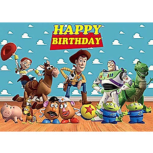 Cartoon Toy Story Birthday Party Theme Photography Backdrops Blue Sky White Clouds Banner Kids Birthday Party Photo Background Cake Table Decoration Supplies Studio Booth Props 5x3ft Vinyl