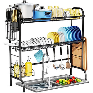 HOWDIA Over The Sink Dish Drying Rack, 2-Tier Stainless Steel Large Over The Sink Dish Rack with Utensil Holder Dish Drainers for Kitchen Counter