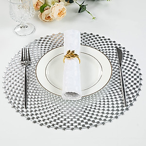 Crisjanggo Silver Metallic Placemats Set of 6 Pressed Vinyl Round Tablemats Simple Hollow Out Design Mats Washable Stain Resistant Nonslip Place Mat for Dining Table Wedding Party Decoration