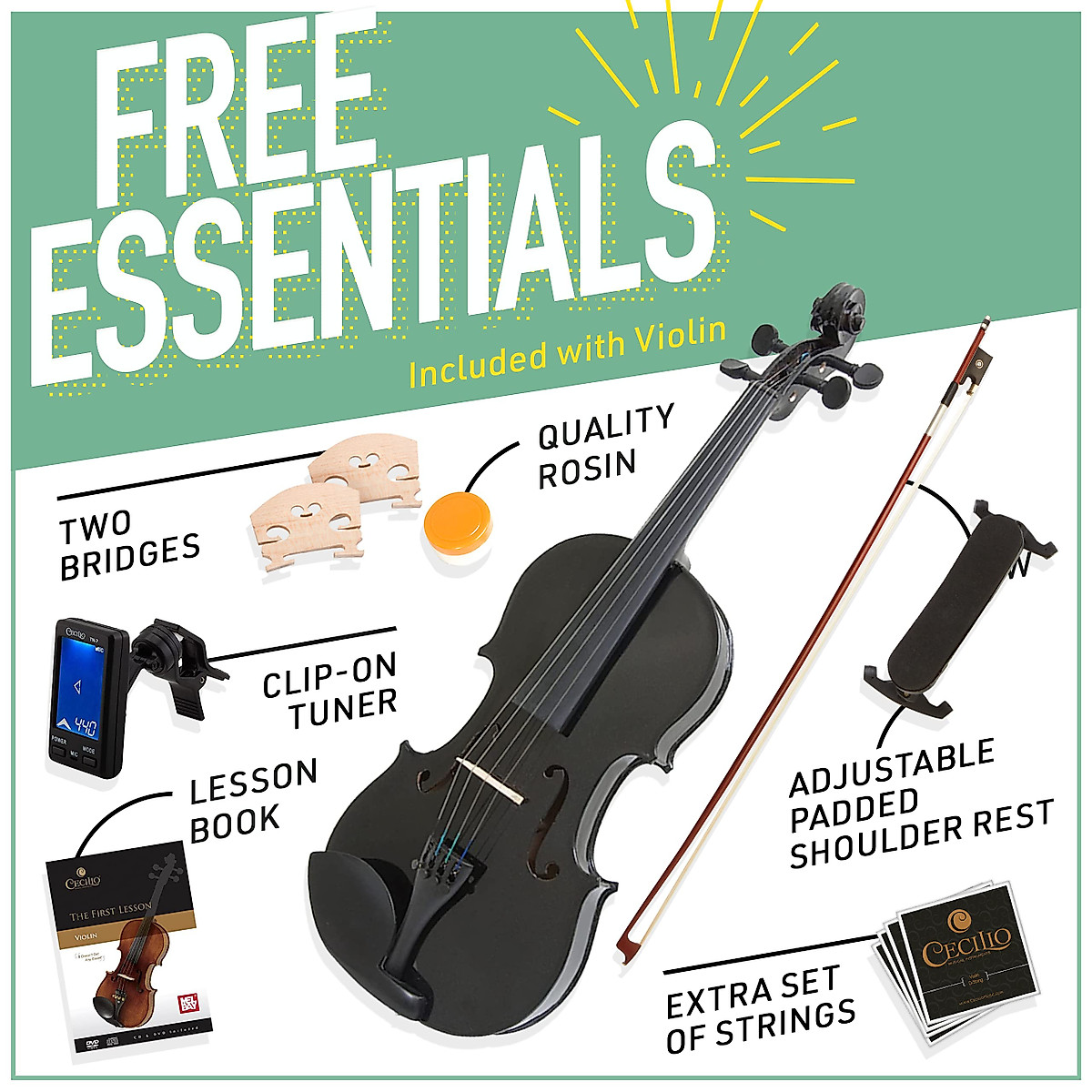 Mendini By Cecilio Violin For Kids & Adults - 4/4 MV Metallic Black Violins, Student or Beginners Kit w/Case, Bow, Extra Strings, Tuner, Lesson Book - Stringed Musical Instruments (Renewed)