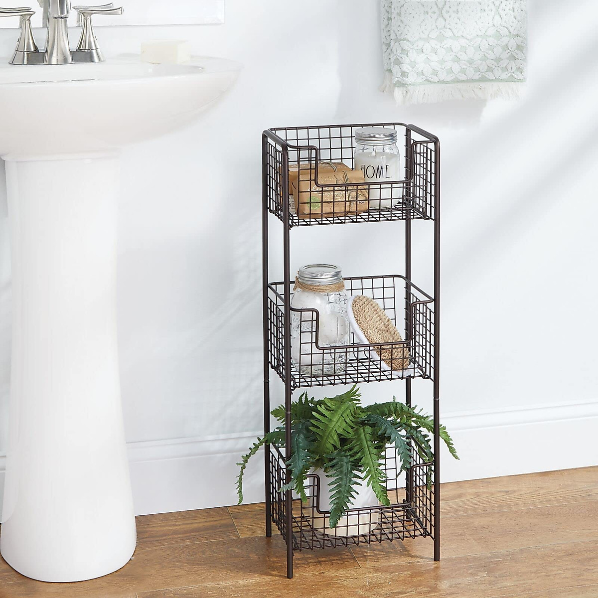 mDesign Steel Freestanding Storage Organizer Tower Rack Basket Shelf, Metal 3-Tier Furniture Unit for Master/Guest Bathroom, Powder Room - Holds Bath Towels, Soap - Concerto Collection - Bronze
