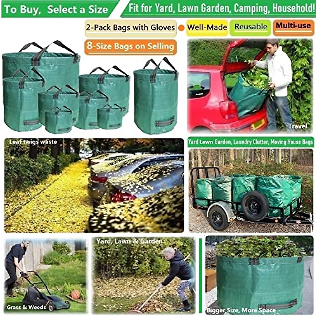 Professional 2-Pack 63 Gallons Lawn Garden Bags Yard Waste Bag (D31, H19 inches) with Gardening Gloves,Standable,Reusable Leaf Grass Bag,Garden Trash Containers,Lawn Yard Waste Bags with 4 Handles