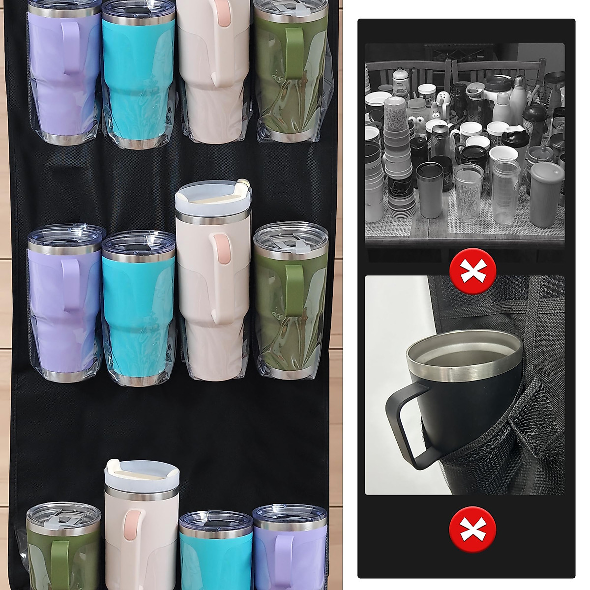 Ehzyaz Water Bottle Holder for Stanley Cup, 12 Pockets Large Capacity Water Bottle Organizer for Stanley 40oz Tumbler, Portable Foldable Hanging Bag for Door Kitchen Cabinet Pantry Bedroom