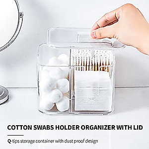 YOHOM Clear cotton ball and swab holder organizer with lid Bathroom Qtips Storage Container Box Plastic Cotton Round Pads Dispenser