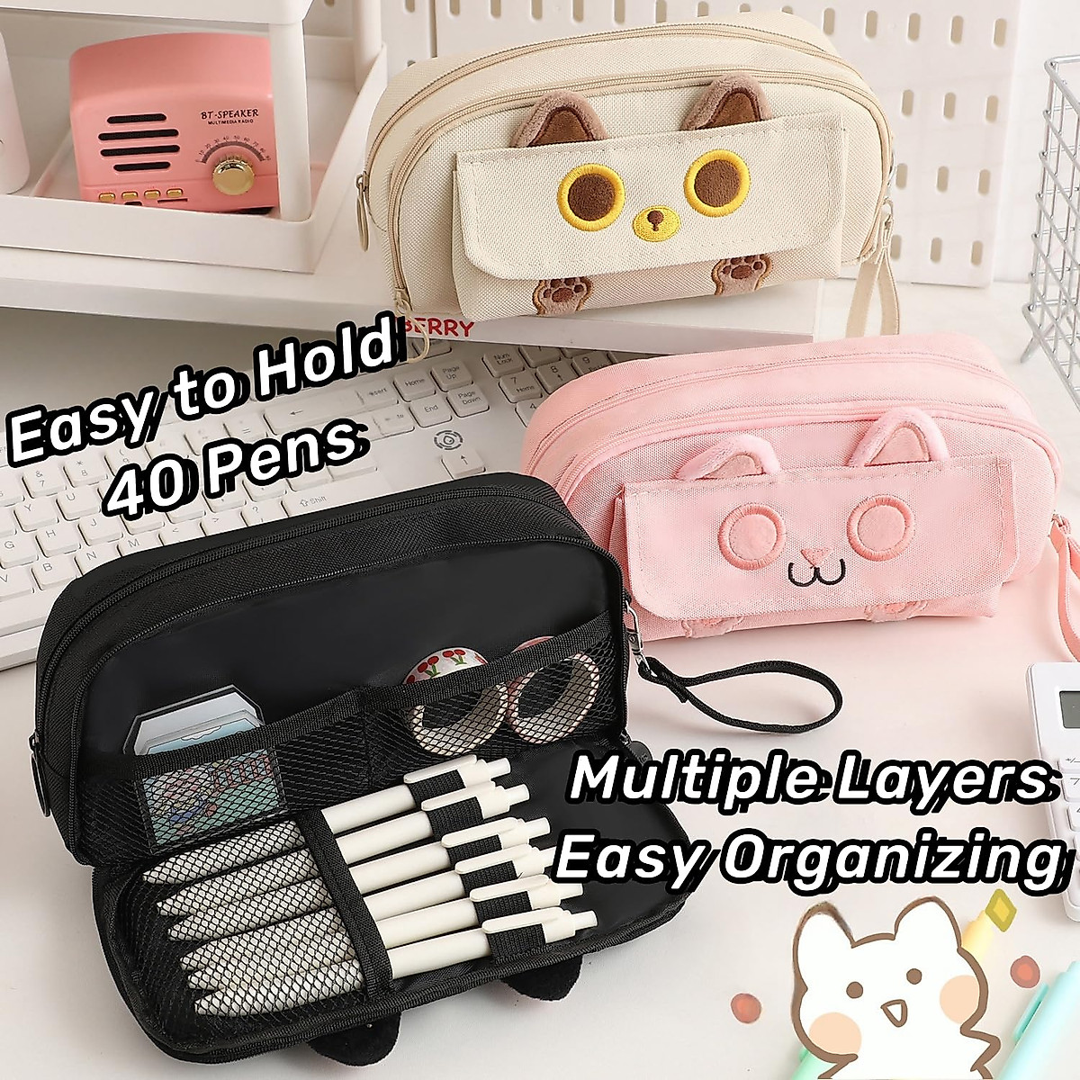 NIORYUZ 2024 Kitty Cat Pencil/Pen Pouch 4-Layers Extra Capacity Cosmetic Organizer Pen Brush Holder Mesh Pockets (4 Layers - Black)