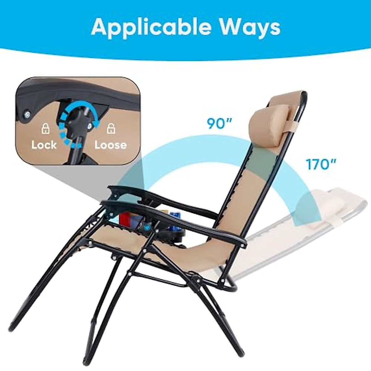 ZENY Zero Gravity Lounge Chairs Set of 2 Adjustable Folding Recliners with Cup Holders and Headrest for Patio, Pool Deck Beach Yard