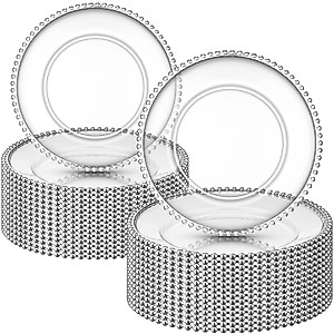 Weewooday 30 Pieces Silver Plastic Beaded Charger Plates 13 Inch Round Dinner Chargers Bead Clear Service Plates for Wedding Birthday Party Events Bridal Shower Dinner Tabletop Decoration