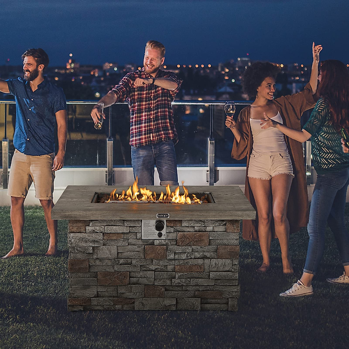 Giantex Propane Fire Pit Table - 2-in-1 Outdoor Rectangle Fire Table W/Volcanic Rock & PVC Cover, Stainless Steel Burner, 50,000 BTU Heat Output, Faux Stone Surface, 43.5” Gas Fire Pits for Outside