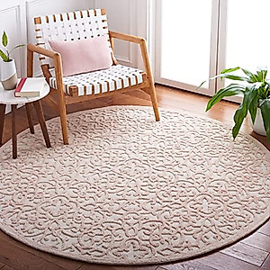 SAFAVIEH Trace Collection Area Rug - 6' Round, Ivory & Pink, Handmade Scroll Wool, Ideal for High Traffic Areas in Living Room, Bedroom (TRC103U)
