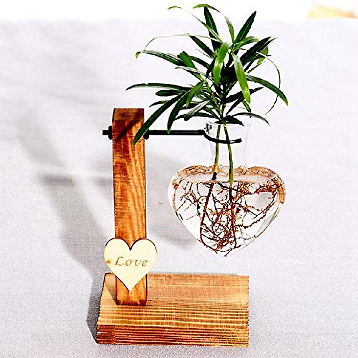 Beatae Hydroponic Glass Planter, Heart Shaped Glass Vase with Retro Solid Wood Stand Glass Flower Pot for Home Garden Office Wedding Decoration