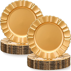 Pinkunn 24 Packs Gold Charger Plates 13 Inch Plastic Dinner Plates Round Service Plate with Waved Scalloped Rim for Table Setting Wedding Party Catering Decoration
