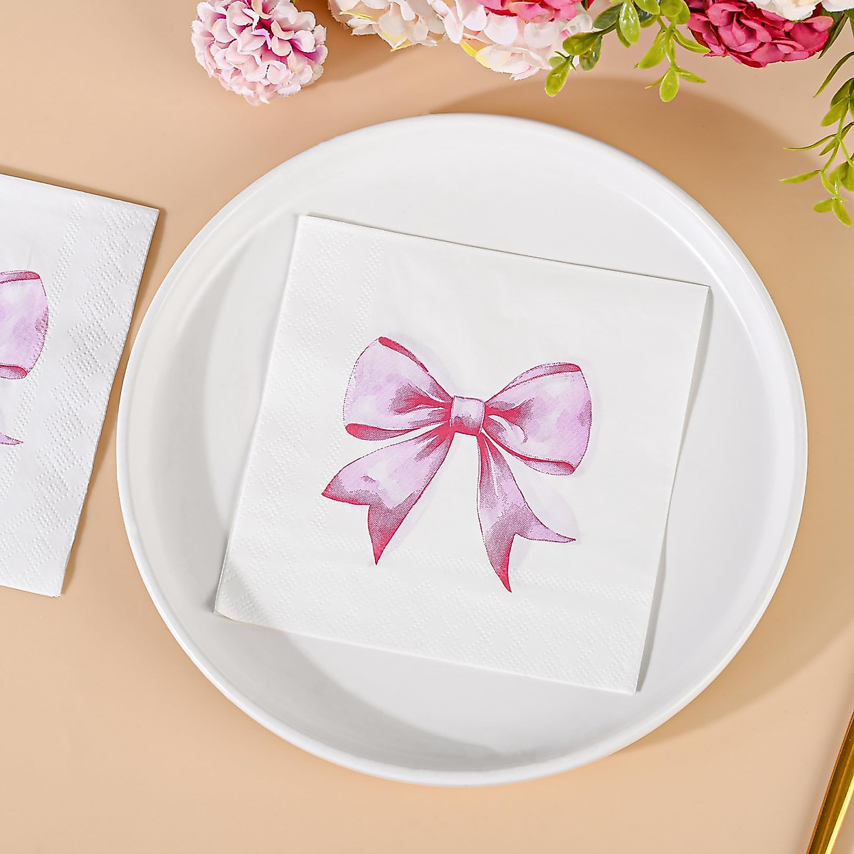 120Pcs Pink Bow Napkins-2 ply, 5 x 5 Inches Bachelorette Decorations Bow Party Theme Bridal Engagement Decor, Coquette Cute Supplies, Girl Tea Party Baby Shower Tableware Birthday Bow Napkins Decor