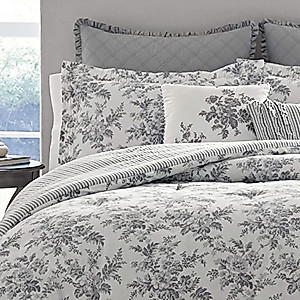 Laura Ashley- King Duvet Cover Set, Reversible Cotton Bedding Set, Includes Matching Sham(s) with Bonus Euro Sham(s) & Throw Pillow Covers (Annalise Floral Grey, King)
