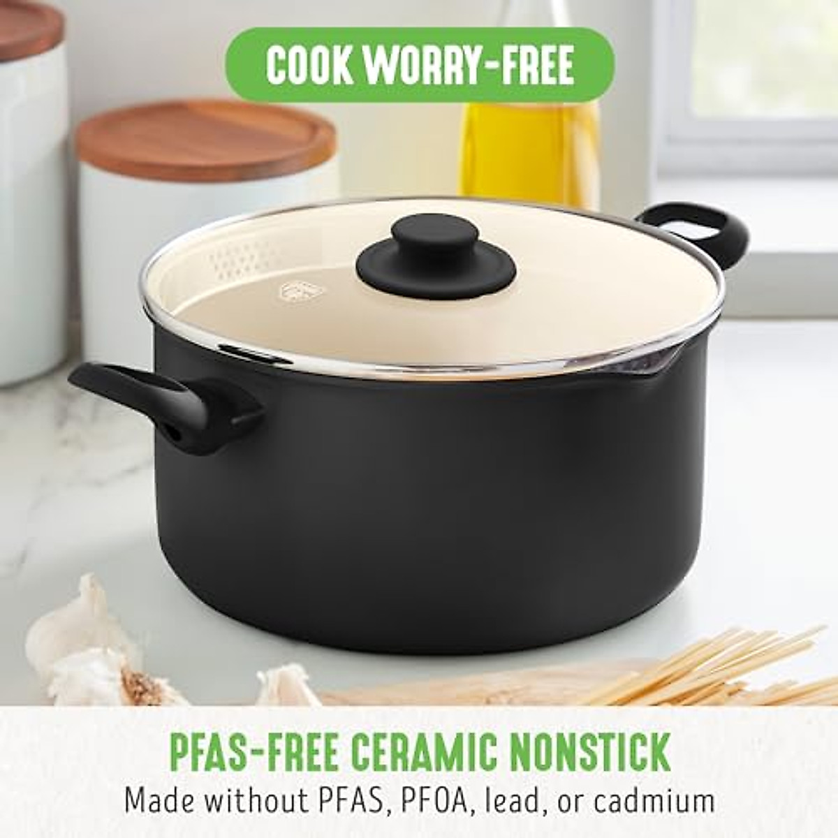 GreenLife 6QT Ceramic Nonstick Stockpot with Glass Straining Lid, PFAS & PFOA-Free, Dishwasher Safe, Stay-Cool Handles, Oven Safe to 350°F, Wobble-Free Base, Even Heating, Black