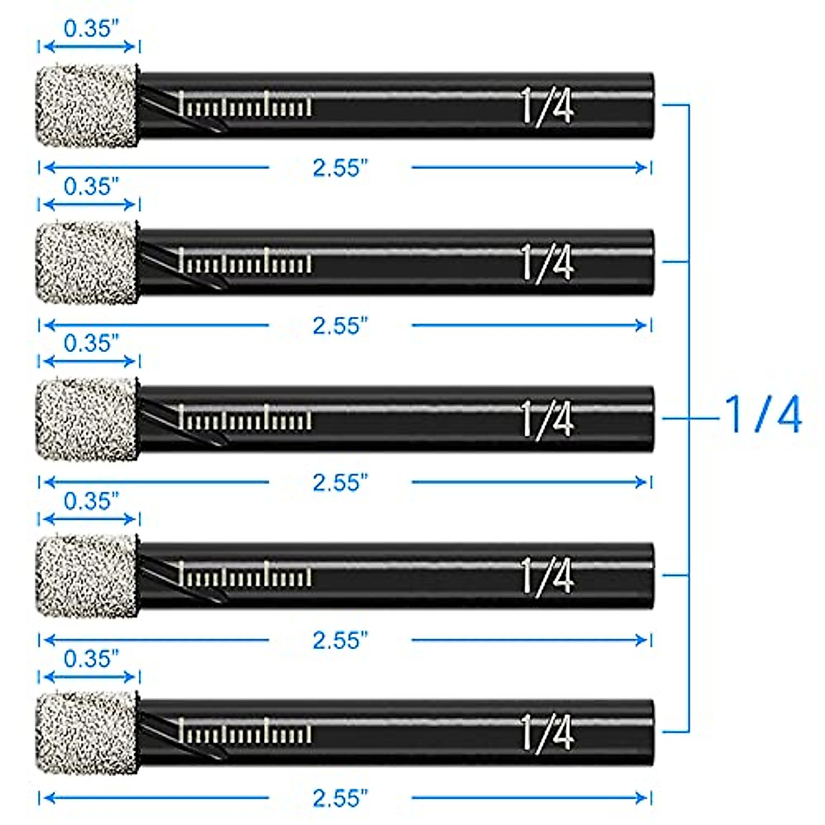 DKIBBITH 1/4" Dry Diamond Drill Bits Set 5 PCs 6mm for Granite Ceramic Marble Tile Stone Glass Hard Materials (not for Wood), Round Shank with Storage Case