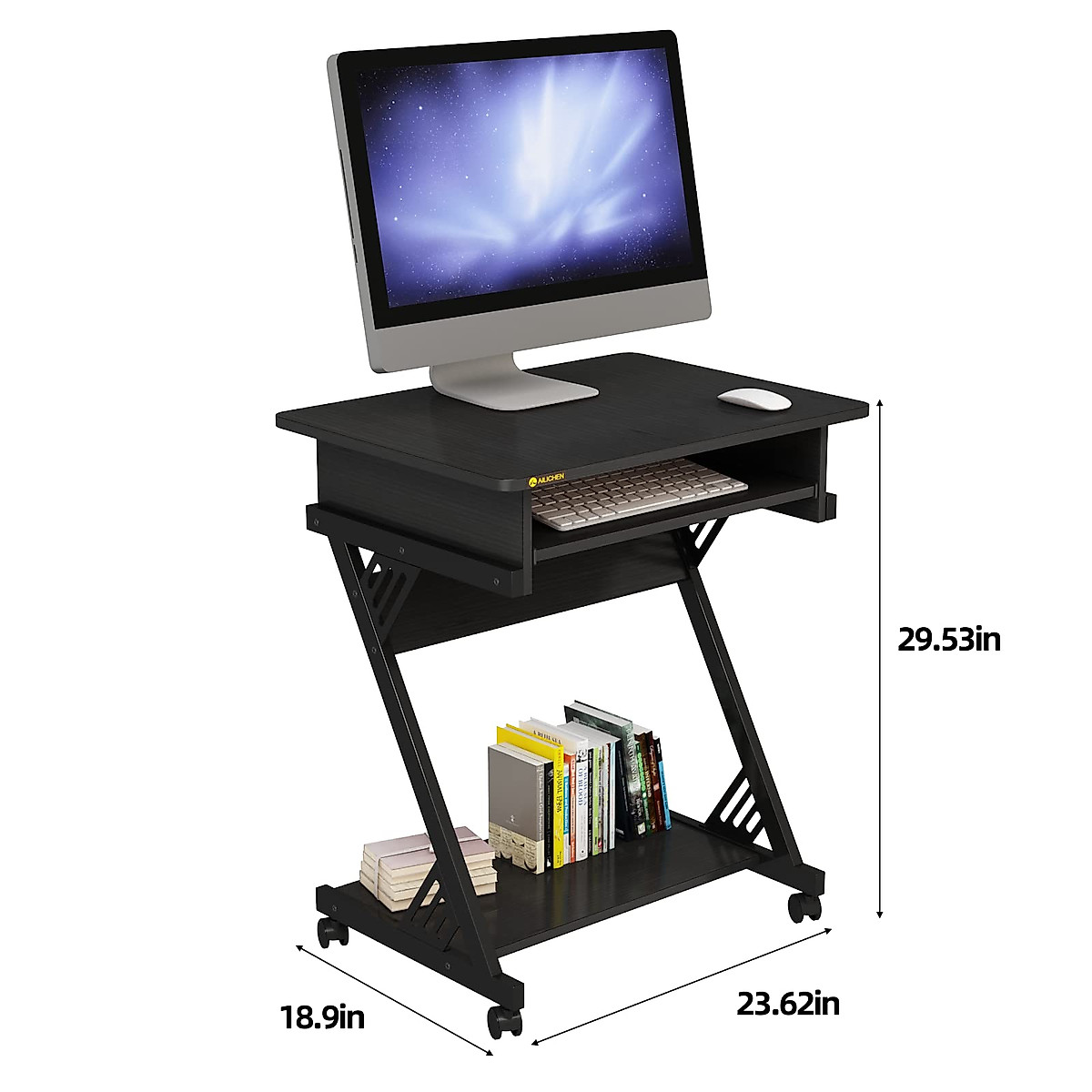 MULKGLOBAL Rolling Computer Desk with Keyboard Tray Compact Computer Cart with Storage Mobile Computer Desk for Small Space,Black