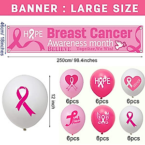 37 Pcs Breast Cancer Awareness Party Decorations Backdrop Banner Balloons Pink Ribbon Outdoor Yard Sign Hanging Banner for Breast Cancer Awareness Scene Banner Breast Cancer Charity Party Supplies