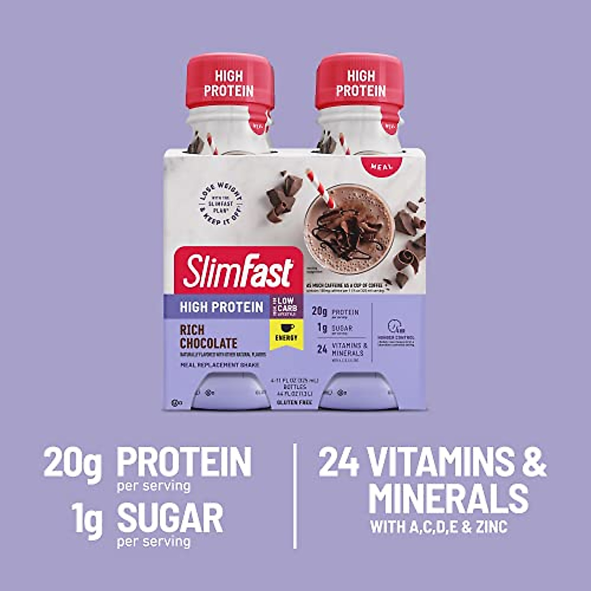 SlimFast Advanced Energy High Protein Meal Replacement Shake, Rich Chocolate, 20g of Ready to Drink Protein with Caffeine, 11 Fl. Oz Bottle, 4 Count (Packaging May Vary)