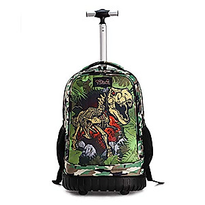 Tilami Rolling Backpack with Trolley Wheeled Design, Cute Cartoon Printed or Boys and Girls, Travel, School, Student Trip (19 Inch, Dinosaur)