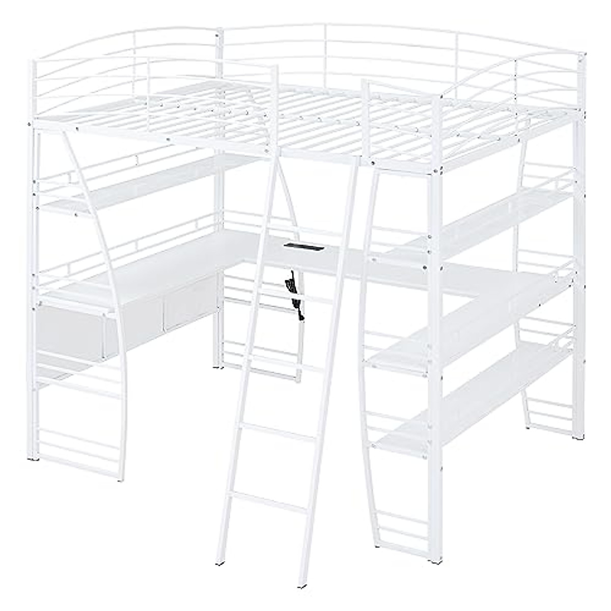 HAUSHECK Full Size Loft Bed with L-Shaped Desk & 4-Tier Open Shelves & Sockets & USB Ports & Wireless Charging Design, Sturdy Metal Bedframe w/Ladder & Safety Guardrails for Kids Teens Adults