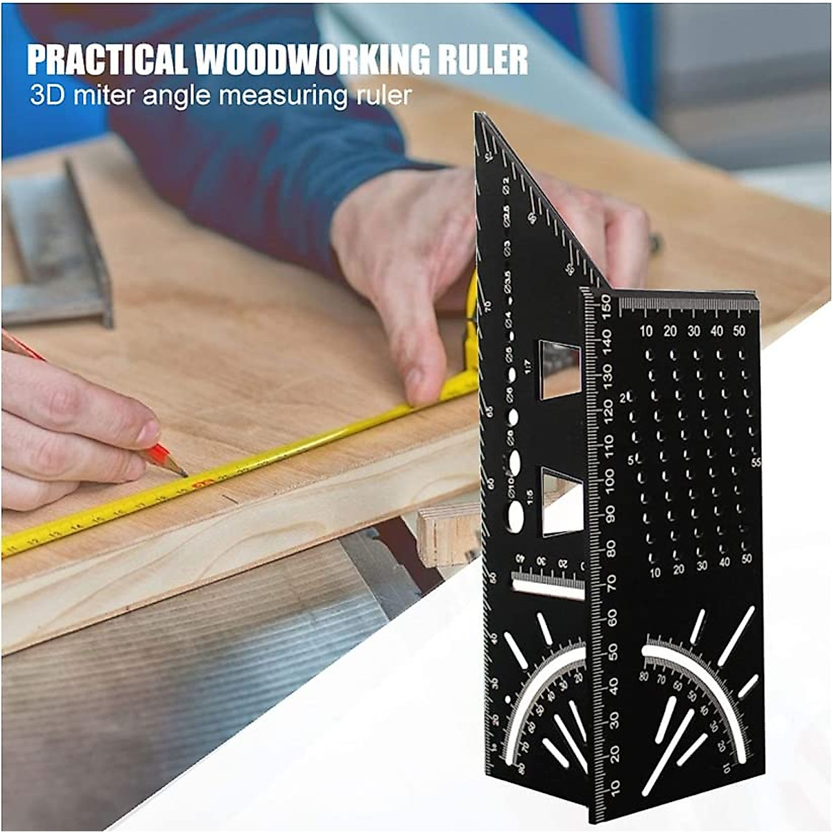 Multi Angle Measuring Ruler, Woodworking Square Size Measure Ruler, Aluminum Alloy 3D Mitre Angle Measuring Tool, Multifunctional 45/90 Degree Angle T Ruler Gauge for Engineers Carpenters