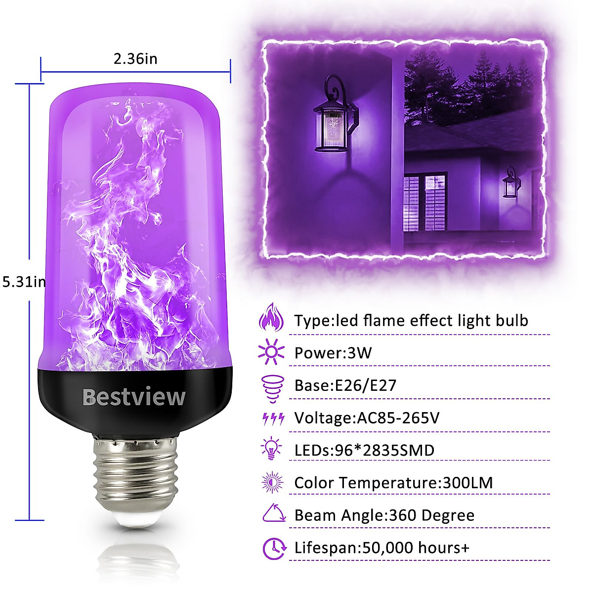 Bestview LED Flame Effect Light Bulbs,4 Modes Smart E26/E27 Base Flickering Fire Light Bulbs for Halloween, Christmas, Party, Porch, Indoor&Outdoor Home Decoration Lighting (Purple 2 Pack)