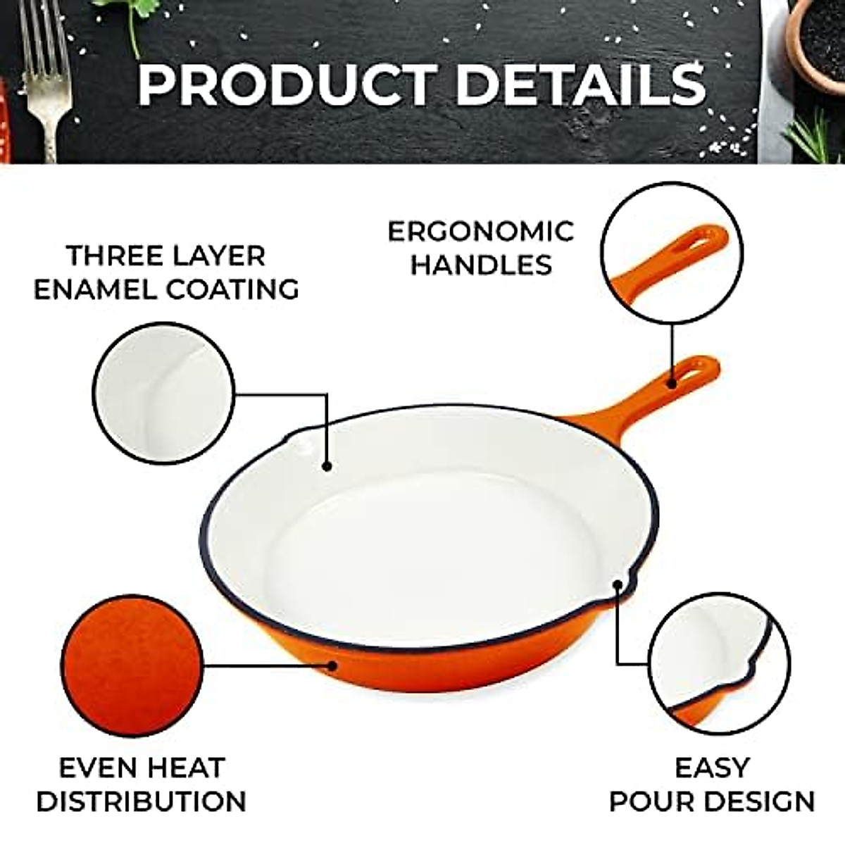 Healthy Choices Enameled Cast Iron Skillet, 8" Set of 6, Professional Cast Iron Pan, Orange & White Enameled Skillet, Oven Safe, Bake Cookies, Sauces, Desserts, BBQ, Dishwasher, Induction, Open Fire