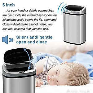 Bigacc 13 Gallon 50 Liter Kitchen Trash Can with Touch-Free & Motion Sensor, Automatic Stainless-Steel Garbage Can, Anti-Fingerprint Mute Designed Trash Bin Trash Can for Office Bedroom, Silver