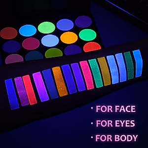 BADCOLOR Glow UV Face Paint, 15 Colors Neon Eyeshadow Palette, Water-Based UV Blacklight Face Body Paint for Kids - UV Eyeliner Makeup Palette for Halloween Glow Party Club Music Festivals