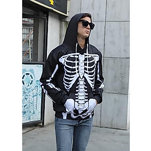 uideazone Halloween Hoodies for Men Women 3D Skeleton Bone Printed Hooded Sweatshirt with Pockets