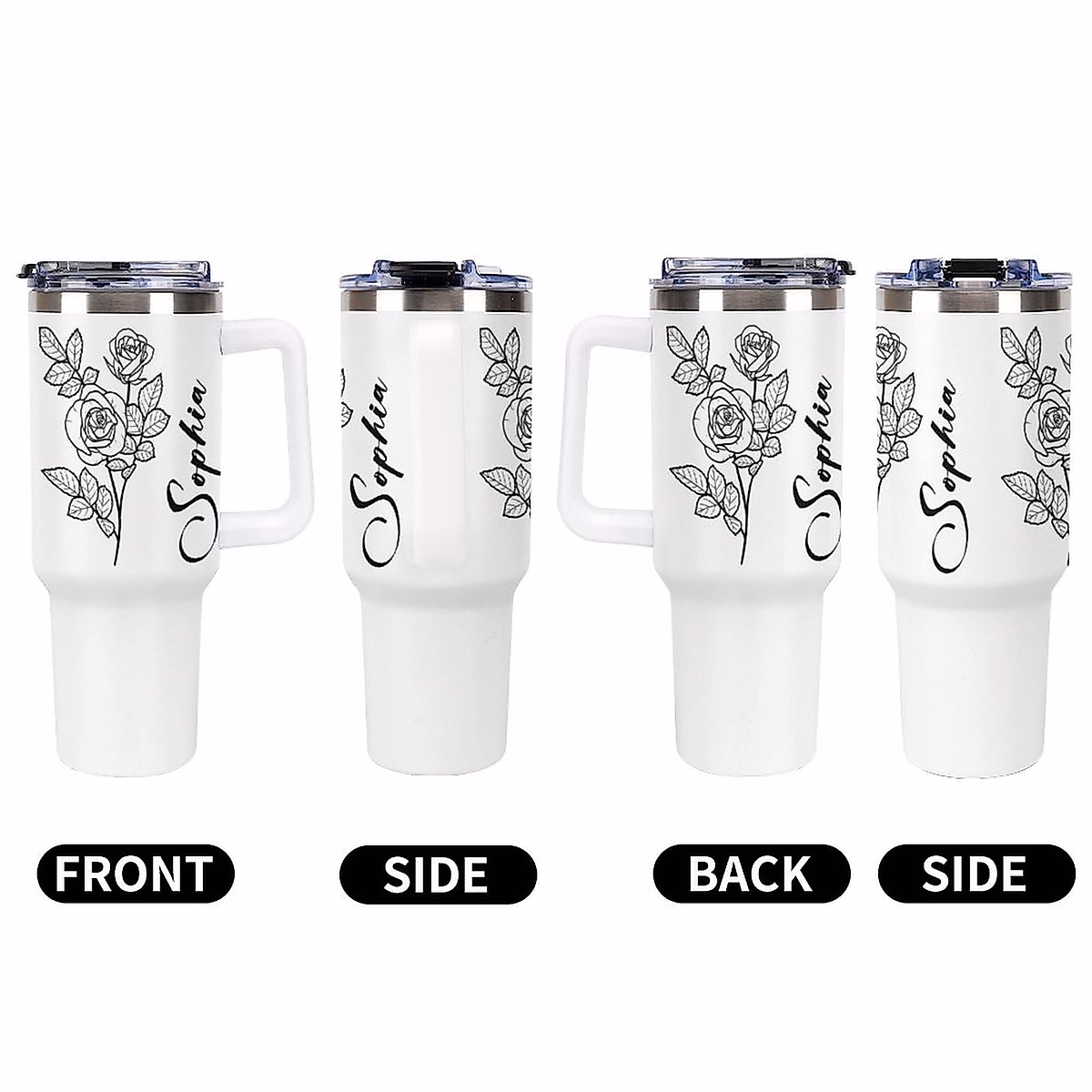 Personalized 40 Oz Tumbler with Lid Handle and Straw, Custom Stainless Steel Water Bottle Travel Mug with Names and Birth Flower, Personalized Mothers Day Birthday Gift for Mom Grandma