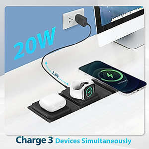 3 in 1 Charging Station for Apple Devices 20W Foldable Magnetic Mag-Safe Travel Charging Pad, Magnetic Wireless Charging Station for iPhone 15/14/13/12 Series iwatch Watch & Airpods