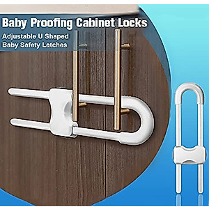 Child Adjustable Strap Lock, Sliding U Shaped Baby Safety Latch for Drawers, Cabinets, Oven, Toilet Seat, No Tool, No Drilling Needed, Super Strong 3M Adhesive