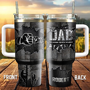 WAZONE Personalize Lineman 40oz Tumbler with Handle and Straw Lid Custom Name Vacuum Insulated Cup Travel Mug Stainless Steel Tumblers Gift Birthday Christmas Fathers Day for Lineworkers Father Dad
