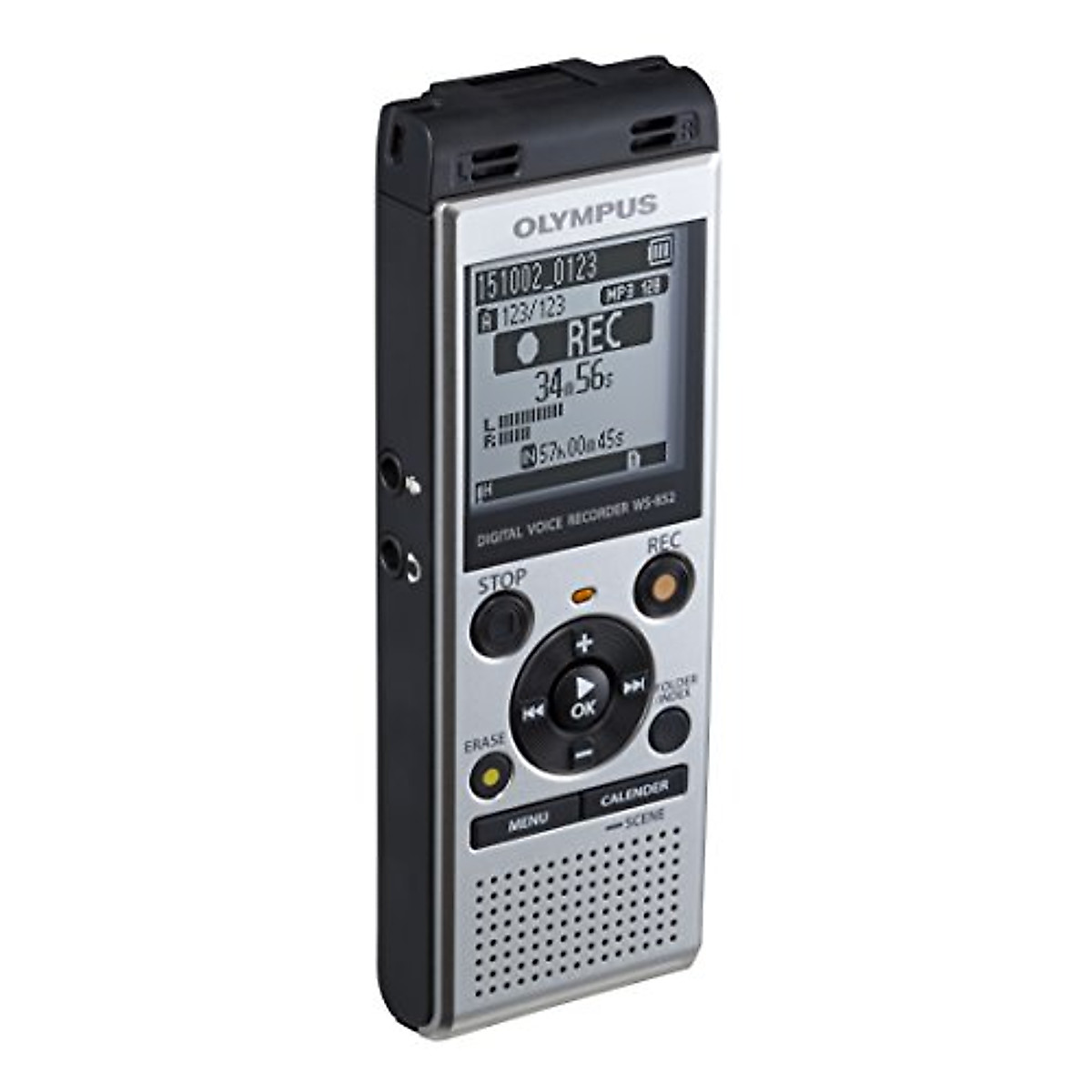 Olympus WS-852 silver voice recorder with true stereo mic, 4GB, 110 hours battery life, microSD external memory, USB, with MP3 file format.