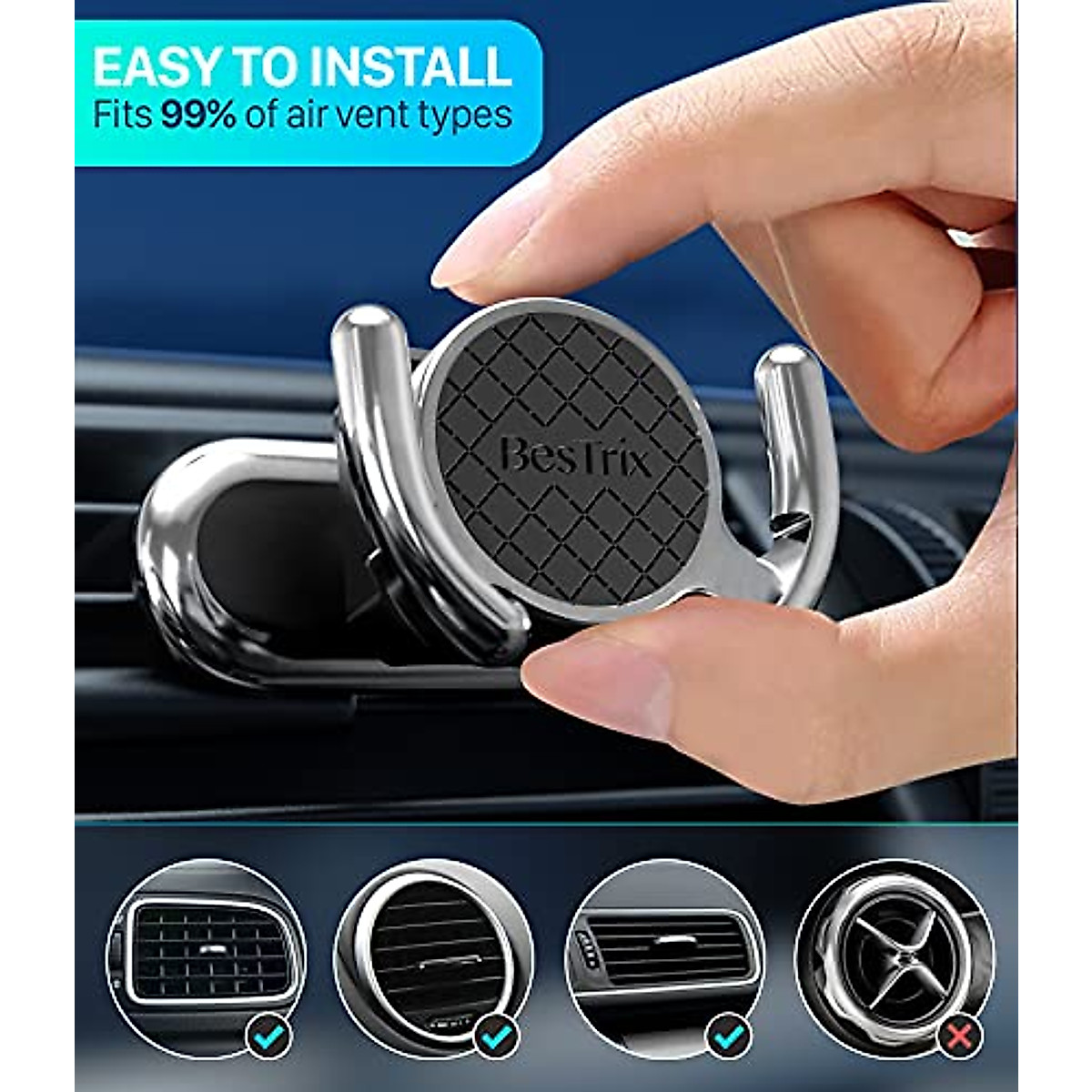 Bestrix Socket Grip Car Phone Holder, Air Vent Socket Mount Stand-Double Silicone Vent Clip|Secure Grip for GPS Navigation-360 Rotating Head, Silicone Padding, Modern Design-Fits All Smartphone