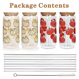 Fall Coffee Mug - Unique Autumn Decor & Iced Coffee Cup Fall Decor Pumpkin Mug with Pumpkin Decorations Thanksgiving Fall Wedding Tumbler Can Shaped Fall Cups with Bamboo Lid Glass Straw - 18oz