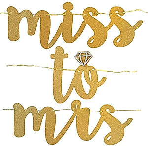 Miss to Mrs Banner, Garland & Confetti Set - Bachelorette, Engagement or Wedding Party Decorations - Sparkly Rose Gold Banner, Circle Garland & Super Fun Diamond Ring & Circle Confetti (Gold)