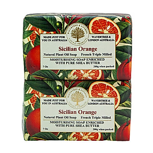Wavertree & London Sicilian Orange Scented Natural Soap (2 Bars), 7oz Moisturizing French Triple Milled Soap Bars enriched with shea butter - Pure Plant Oil Bath & Body Soap for All Skin Types