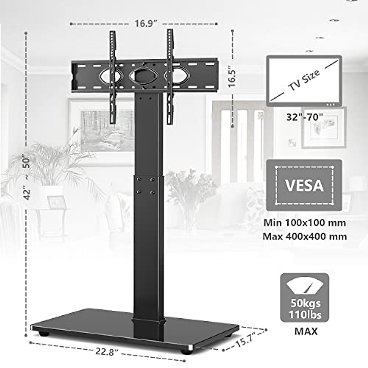 Universal Floor TV Stand Base with Swivel Height Adjustable Mount for 32 37 43 47 50 55 60 65 70 Inch Plasma LCD LED OLED Flat or Curved Screen TVs, Black Tempered Glass Base for Media Storage