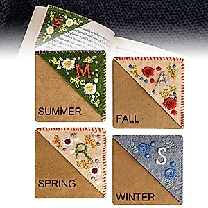 School Supplies 4PCS Hand Embroidered Corner Bookmark Hand Stitched Felt Corner Bookmark Letter Embroidery Bookmarks Felt Triangle Bookmark Gifts for Women Kids Teachers Students Book Lovers