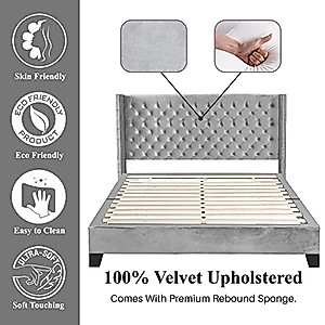 Nathaniel Home Aliyah Velvet Upholstered Platform Bed Deep Button Tufting Frame Bed with Wingback Headboard/Mattress Foundation/Wood Slat Support/No Box Spring Needed/Easy Assembly, Silver, King