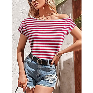 LilyCoco Women's Off The Shoulder Tops Short Sleeve One Shoulder Striped Shirt Red White Striped Small