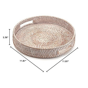 Coffee Table Tray Round Rattan Ottoman Tray Woven Serving Trays with Handles for Home and Kitchen Decorative White (Large 14 inch x 2.8 inch)