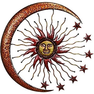 Bellaa Metal Wall Art Sun Moon Stars Indoor Crescent Celestial Outdoor Hanging Garden Home Decor Large 24 inch